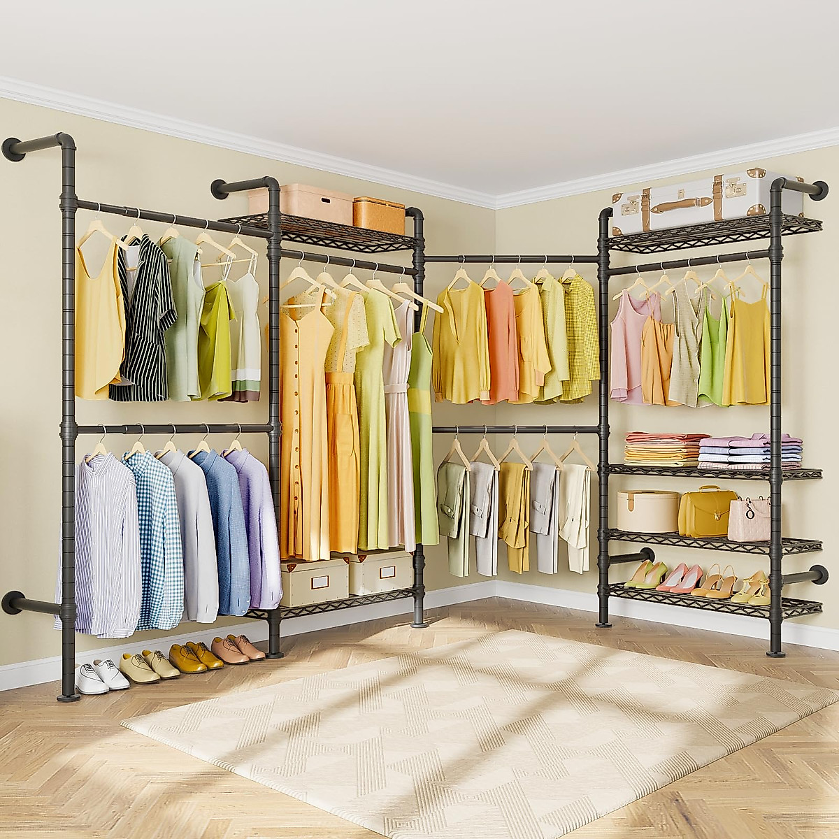 Timate L4 L Shape Garment Rack Heavy Duty Clothes Rack for Hanging Clothes, Expandable Industrial Pipe Clothing Rack, Wall Mounted Closet Organizer Large Wardrobe Closet Kit Corner Closet System Black