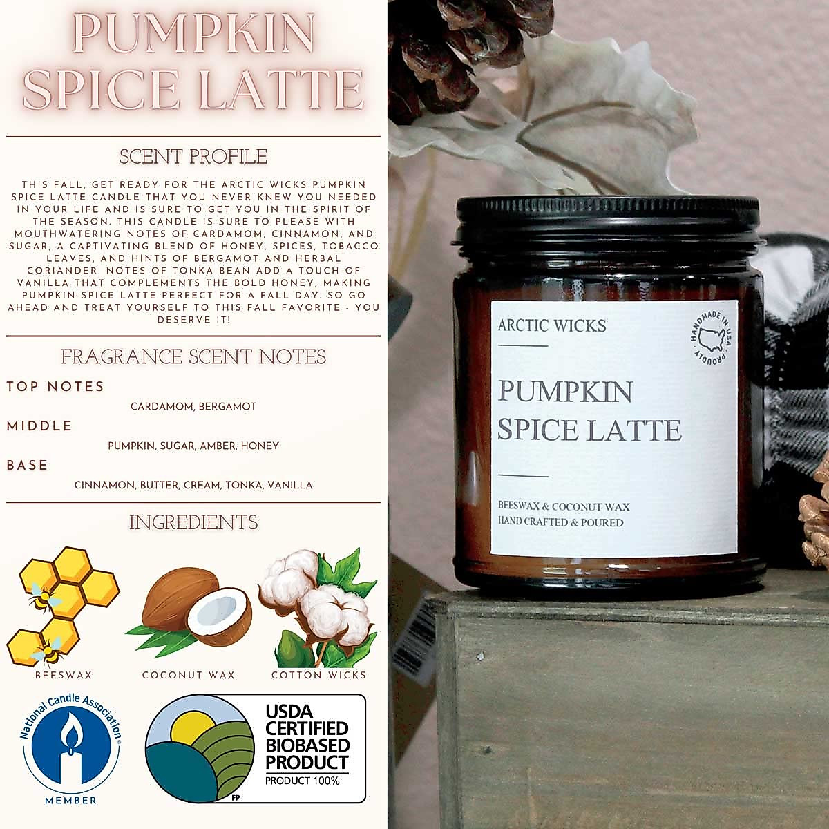 Pumpkin Spice Latte Candles | Arctic Wicks Scented Candles Coconut & Beeswax Candles | 9oz Amber Non-Toxic Candle Fall Decor Candles Gifts Pumpkin Spice Candles for Autumn | USDA Certified Biobased