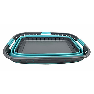 SAMMART 44L (11.6 gallon) Collapsible Plastic Laundry Basket-Foldable Pop Up Storage Container-Portable Washing Tub-Space Saving Hamper, Water Capacity: 35L (9.2 gallon) (Grey/Crystal Blue)