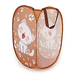 WEI LONG Mesh Popup Hamper-Foldable Lightweight Basket for Washing-Durable Clothing Storage for Kids Room,Students College Dorm,Home,Travel & Camping-Pop-up Clothes Hamper (Khaki Cat Paw)