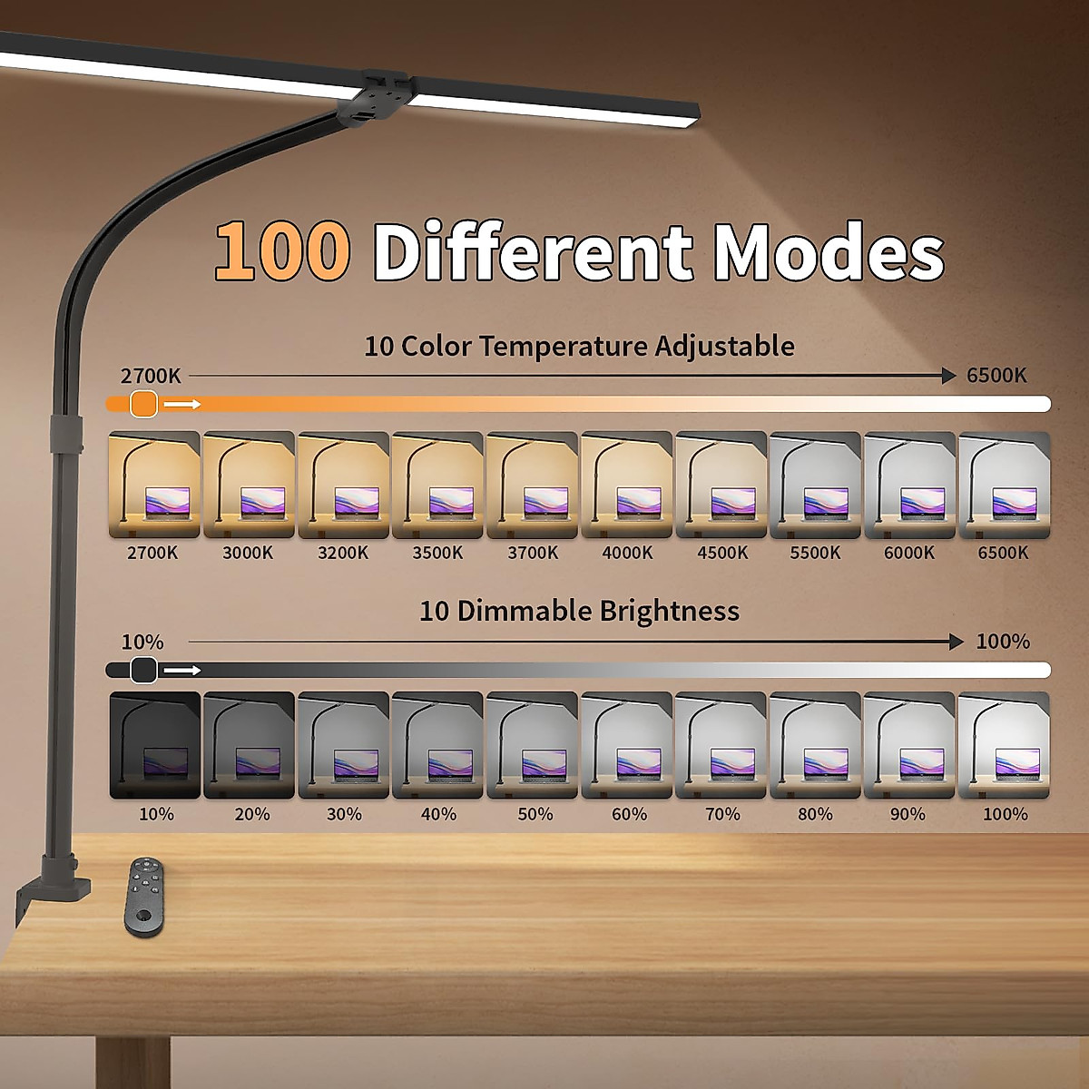 Mosthink LED Desk Lamp for Home Office, Double Head Eye Caring Architect Monitor Light, 31.5" Desk Light with Clamp and Flexible Gooseneck, 24W Study Drafting Table Lamp,100 Colors Modes