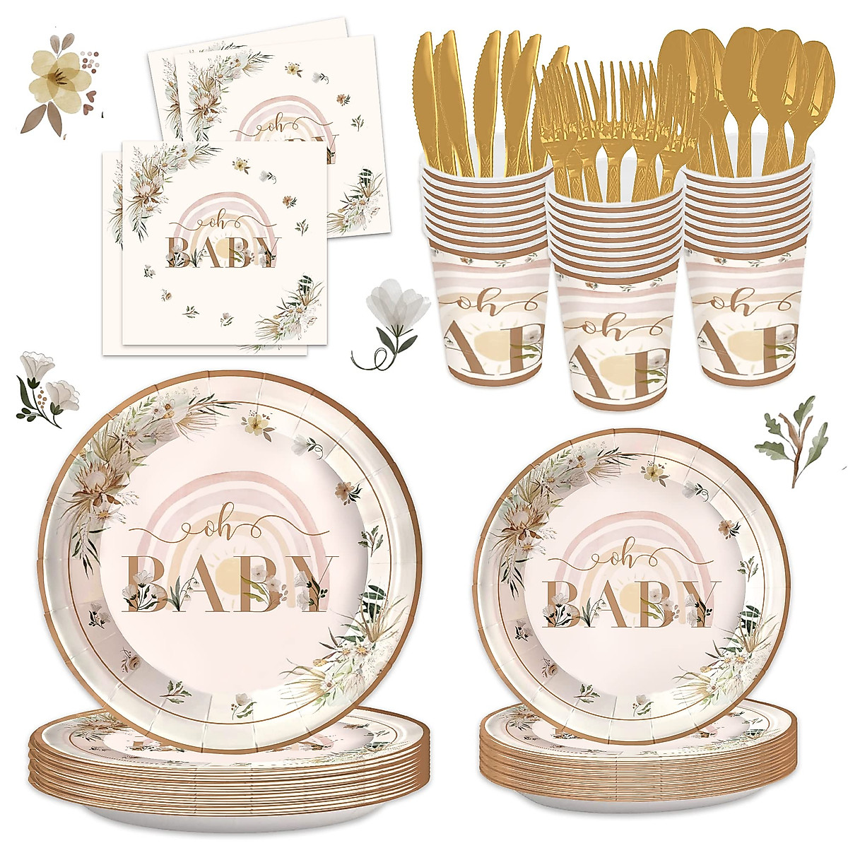 Oigco 168pcs Boho Rainbow Baby Shower Paper Plates Napkins Cups Baby Shower Party Supplies Tableware Set Girls Spring Party Decoration for 24 Guests