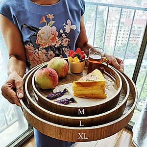 i-lan 12 Inch Modern Round Wooden Tray with Handles and 2”Wall, Circle Coffee Ottoman Tray with Natural Wood Grain, Decorative Server Tray Display for Food and Drinks