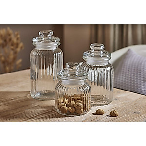 WHW Whole House Worlds Iconic Ribbed and Knob Topped Clear Glass Kitchen Storage Jars, Set of 3, Air Tight Seals, 9, 7 1/2, and 6 Inches Tall