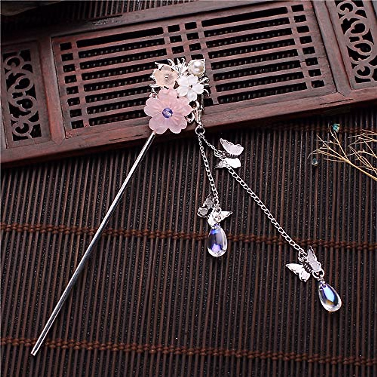 BEMEI Rhinestone Pearl Flower Hair Stick,Crystal Pearl Hair Sticks,Butterfly Tassel Flower,Hairpin Chignon Pin Chopsticks Hair Styling Accessories(F)