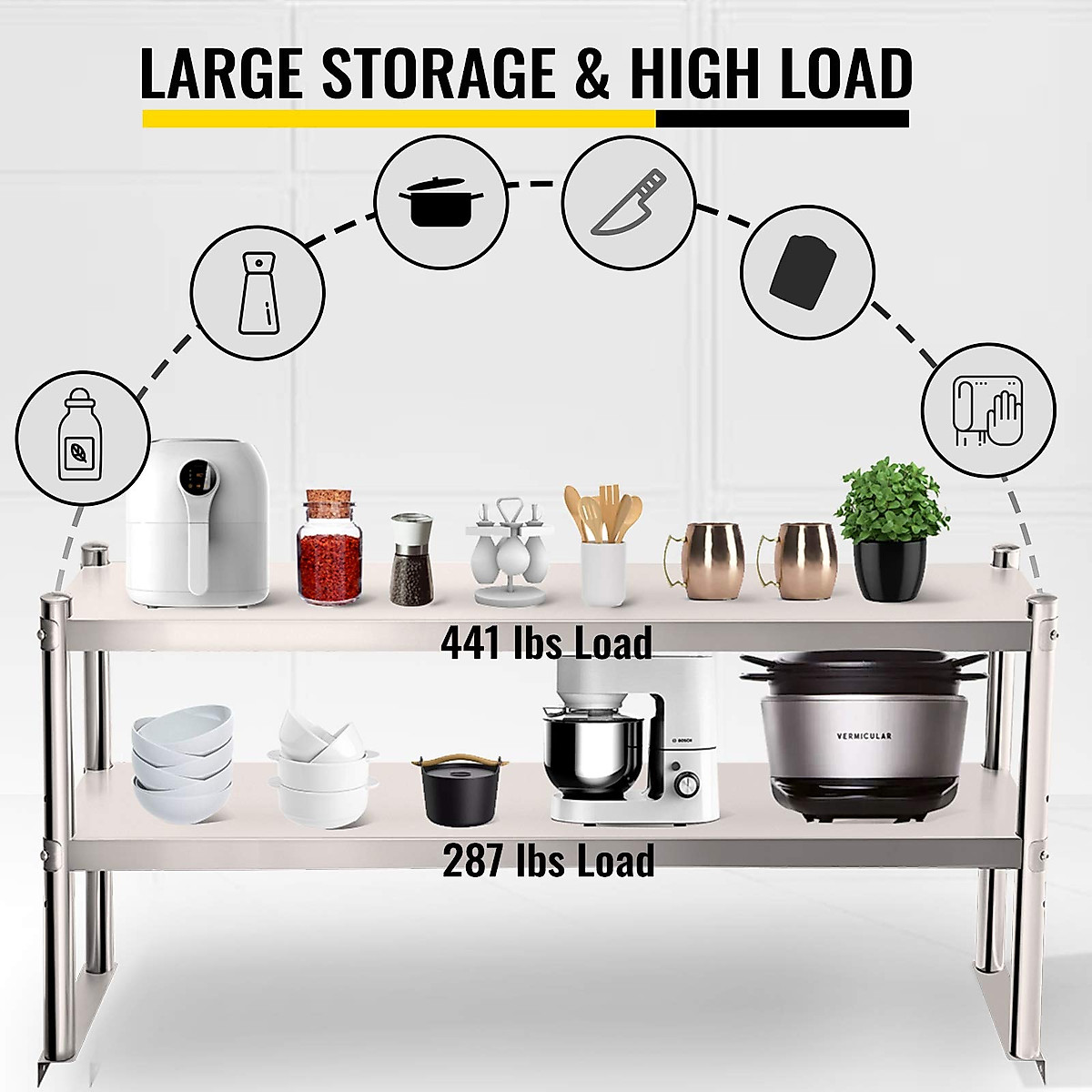 VEVOR Double Overshelf, Double Tier Stainless Steel Overshelf, 60 in. Length x 12 in. Width Double Deck Overshelf, Height Adjustable Overshelf for Prep & Work Table in Kitchen, Restaurant and Workshop