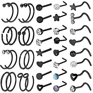 ONESING 40 Pcs 20G Black Nose Rings L Shape Studs Hoop Stainless Steel Bone Screw Body Piercing Jewelry for Women Men