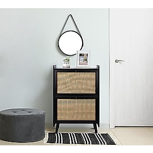 ZYBT Black Entryway Shoe Storage Organizer, Wooden Shoe Rack for Door, Free Standing Shoe Racks for Entryway, Shoe Storage Cabinet for Entryway Slim, 2 Flip Drawers Rattan Shoe Organizer