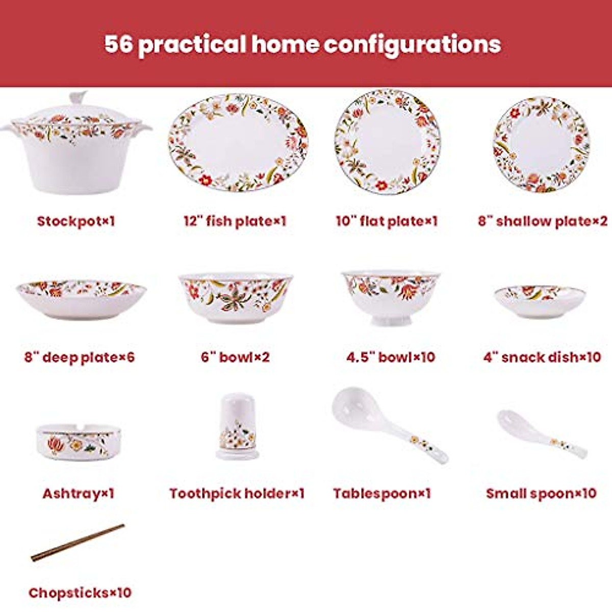 High-End Dinner Set,Ceramics Dinner Sets, Cereals Bowl & Soup Pot & Plate | 56 Pieces Bone China Porcelain Dinnerware Set for Wedding Gifts and New Year