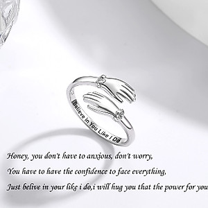 ZOEXUE Inspirational Jewelry Hand Rings: Sterling Silver Hug Rings for Women Adjustable Open Stacking Hugging Ring Believe In You Like I Do - Personality Encouragement Jewelry Gifts for Women Ladies