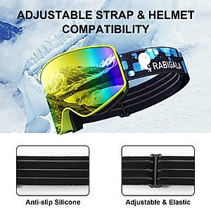 RABIGALA Ski Goggles Snowboard Goggles UV Protection Spherical Anti-fog Frameless Snow Goggles for Men Women Youth Adult (yellow-)