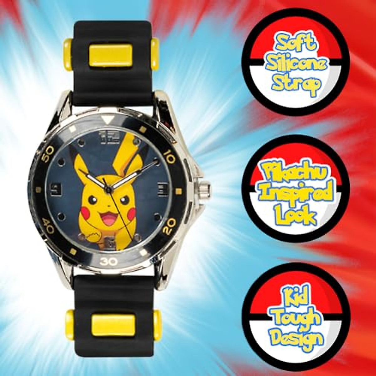 Accutime Kids Pokemon Pikachu Analog Quartz Wrist Watch with Black & Yellow Strap, Cool Inexpensive Gift & Party Favor for Boys, Girls, Adults All Ages (Model: POK9056AZ)