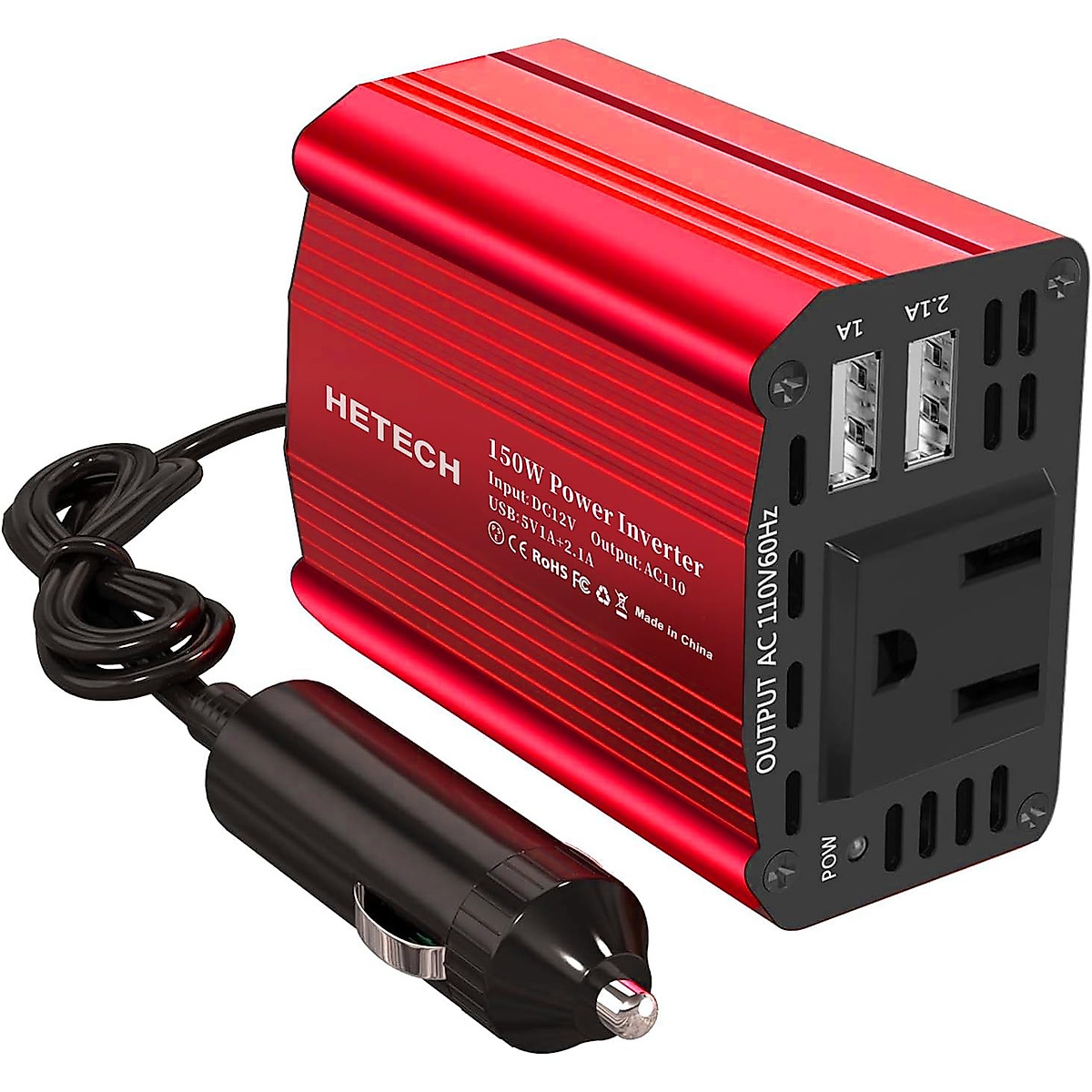 HETECH 150W Car Power Inverter 12V DC to 110V AC Converter Vehicle Adapter Plug Outlet with 3.1A Dual USB Car Charger with Cigarette Lighter Interface for Laptop Computer iPhone - Red