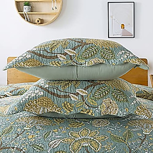 Travan 3-Piece Quilt Set Quilted Bedspread Cotton Coverlet Set Floral Printed Oversized Quilted Bedding Set with Shams for All Season, Green Vine, King Size