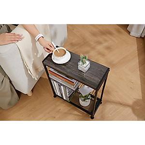 Small Side Table for Small Spaces - Slim End Table with Magazine Holder - 2 in 1 Design Narrow End Table Living Room - Skinny Bedside Table Nightstand Bedroom Thin Side Table (Grey)