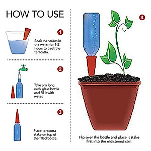Modern Innovations Ceramic Terracotta Self Watering Spikes (4 Pack) Vacation Automatic Plant Waterer Devices, Indoor/Outdoor Planter Insert, Terra-Cotta Stakes for Potted Plants, Auto-Water System