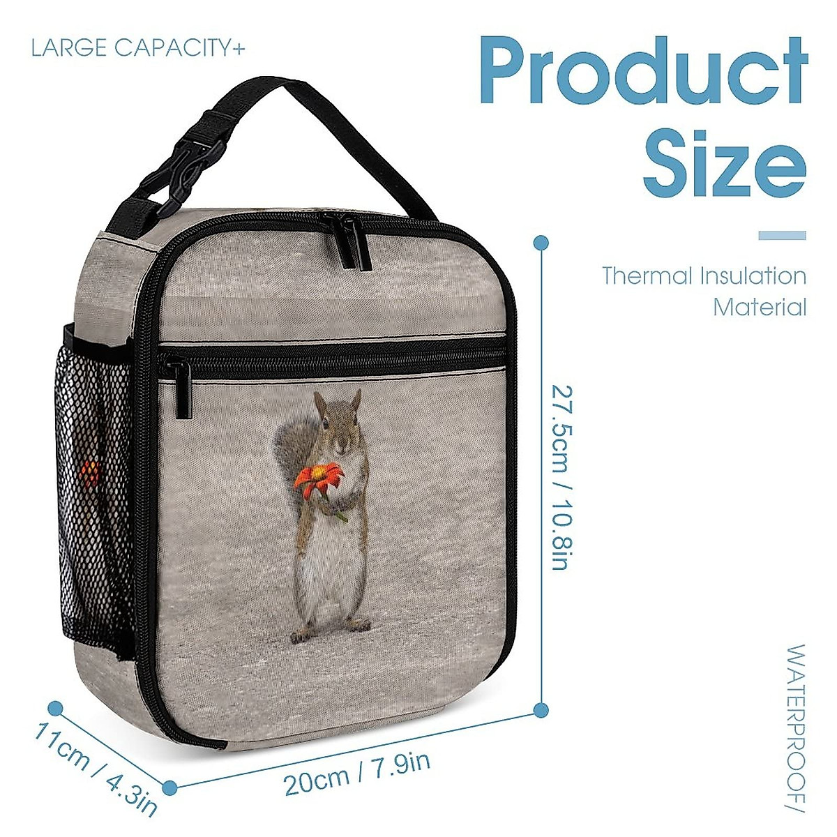 PEXISAOH Cute Squirrel Holding A Flower Animals Reusable Insulated Lunch Bag for Women Men Kids,Leakproof Portable Lunch Box with Side Pocket Durable Cooler Tote Bag for School Work Picnic Travel