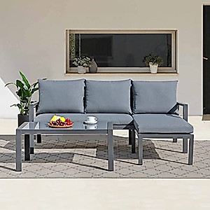 Soleil Jardin Outdoor Patio Furniture Set with Chaise Lounge, Aluminum Sofa Set for Porch Garden, Space Saving L-Shaped Corner Sectional Chair with Glass Coffee Table, Dark Grey Finish & Grey Cushion