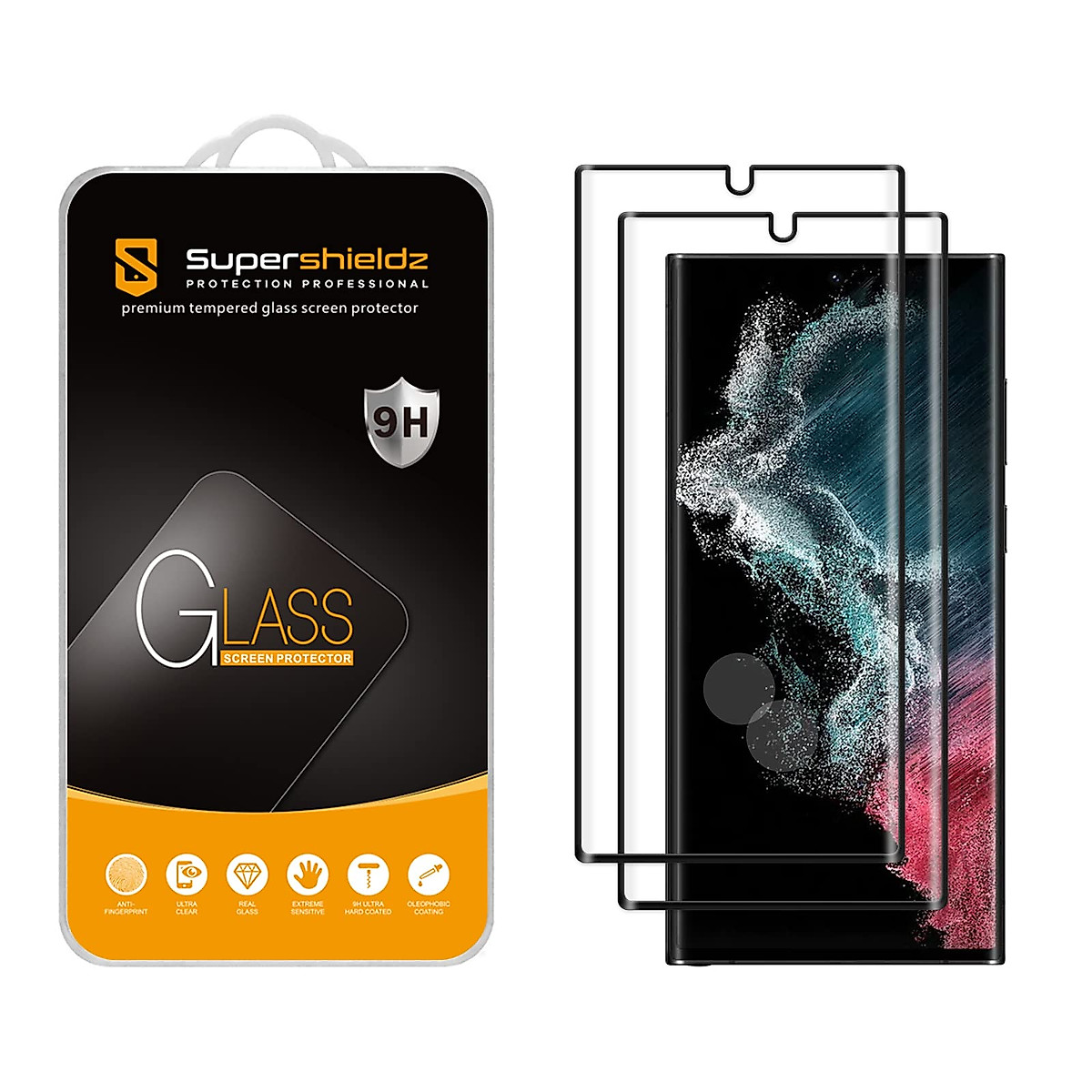 Supershieldz (2 Pack) Designed for Samsung (Galaxy S22 Ultra 5G) Tempered Glass Screen Protector, (3D Curved Glass) Anti Scratch, Bubble Free (Black)