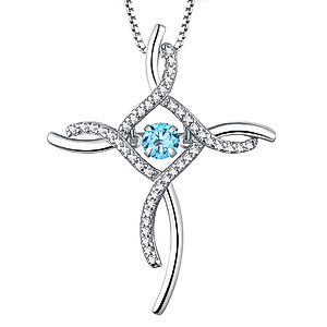 YL Celtic Knot Cross Necklace Sterling Silver Cubic Zirconia Loop Infinity Pendant Dancing Created Aquamarine Crucifix Jewelry