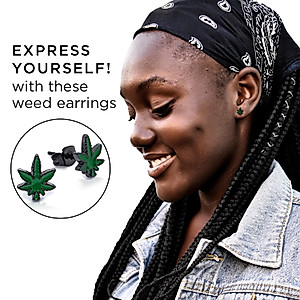 Pierce2GO Stud Earrings 316L Stainless Steel Anodized Black Ear Studs with Green Marijuana Leaf Pendant Earrings Studs for Women and Men – Marijuana Stud Earrings Set of 2