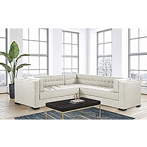 Iconic Home Lorenzo Right Facing Sectional Sofa L Shape Linen-Textured Upholstered Tufted Shelter Arm Design Espresso Finished Wood Legs Modern Transitional, Ecru