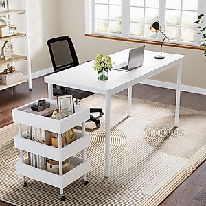 Tribesigns 47-Inch Computer Writing Desk, Simple White Home Office Desks with 3-Tier Wood Storage Cart, Modern Study Table Work Desk Workstation for Bedroom, Small Spaces