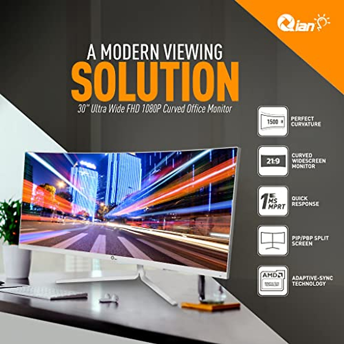 Qian 30" Ultra Wide FHD 1080P Curved Computer Monitor,100 Hz VA Panel Office Monitor, 21:9 Aspect Ratio,178°Viewing Angle,16.7M Display Colors,Framless AMD Freesync GSync,Tilt Adjustable