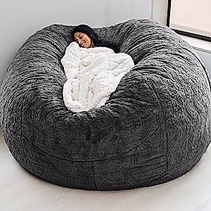7ft Giant Fur Bean Bag Chair for Adult Living Room Furniture Big Round Soft Fluffy Faux Fur BeanBag Lazy Sofa Bed Cover Grey (Dark Grey)