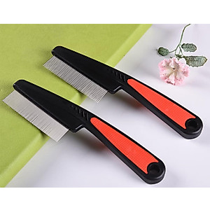 Iluadme 2 Pieces Fine Tooth and Wide Tooth Dog Grooming Comb - Rubber Handle Hair Comb for Small Dogs & Cats with Flea and Tick Removal (2PCS, Black Red)