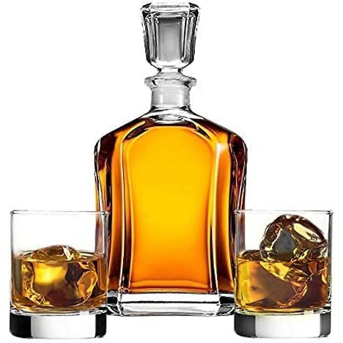 Whiskey Decanter Set with Whiskey Glasses and Airtight Stopper for Vodka, Bourbon, Brandy. Italian Glass | 23.75oz with 2 pack 11oz glasses, Made in Italy
