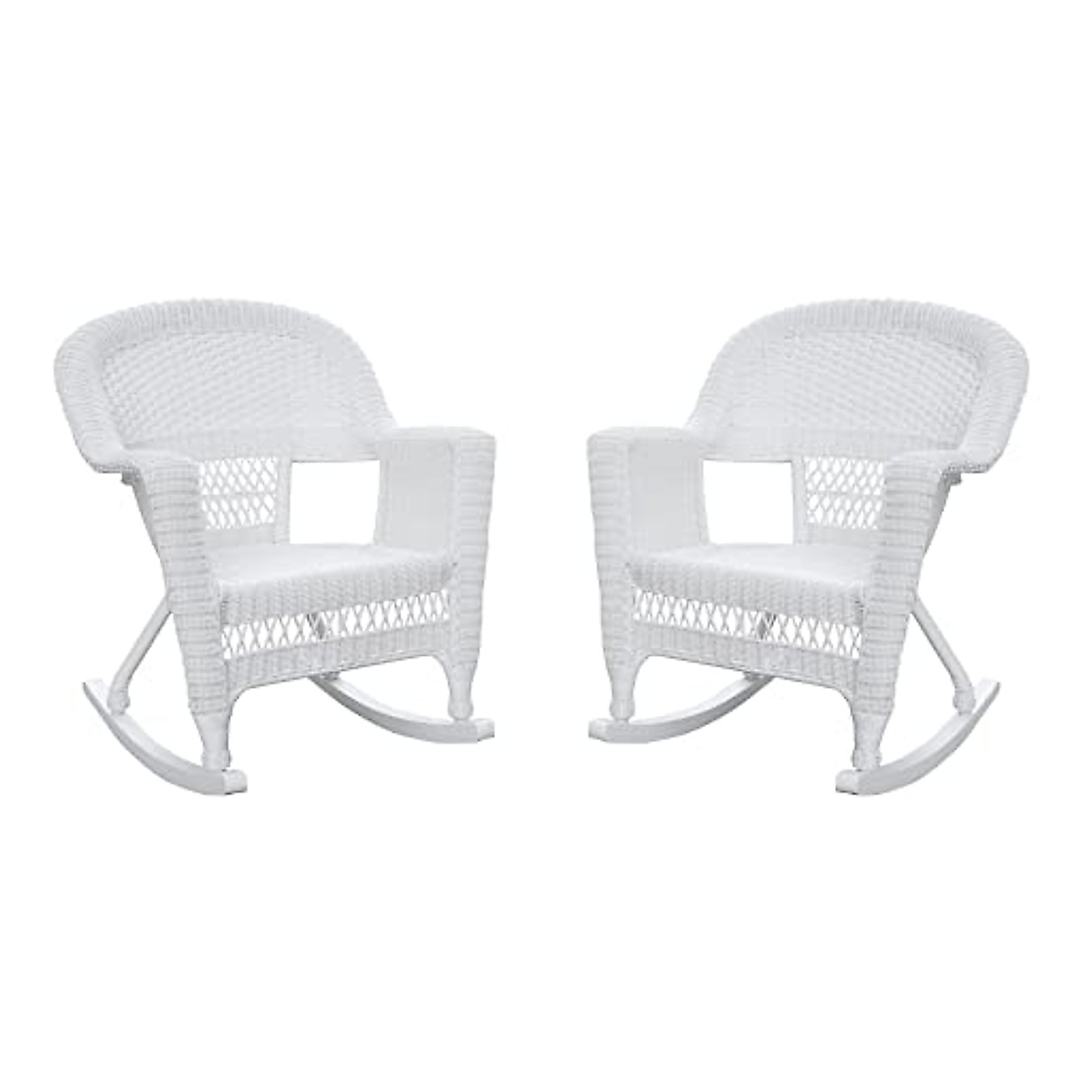 Jeco Rocker Wicker Chair with Blue Cushion, Set of 2, White