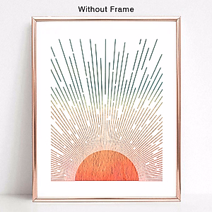 Sun Watercolor Art Print, Mid Century Modern Art, Abstract Sun Rays, Red and Green, Wall Picture, Living Room Wall Decor, 8x10 inch No Frame