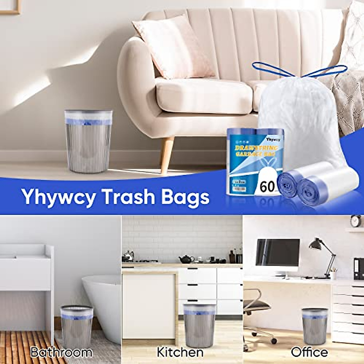 2.6 Gallons Small Trash Bags Strong Drawstring Garbage Bags 60 Count for Trash Cans Office Living Room Kitchen and Bathroom - Thickened Unscented