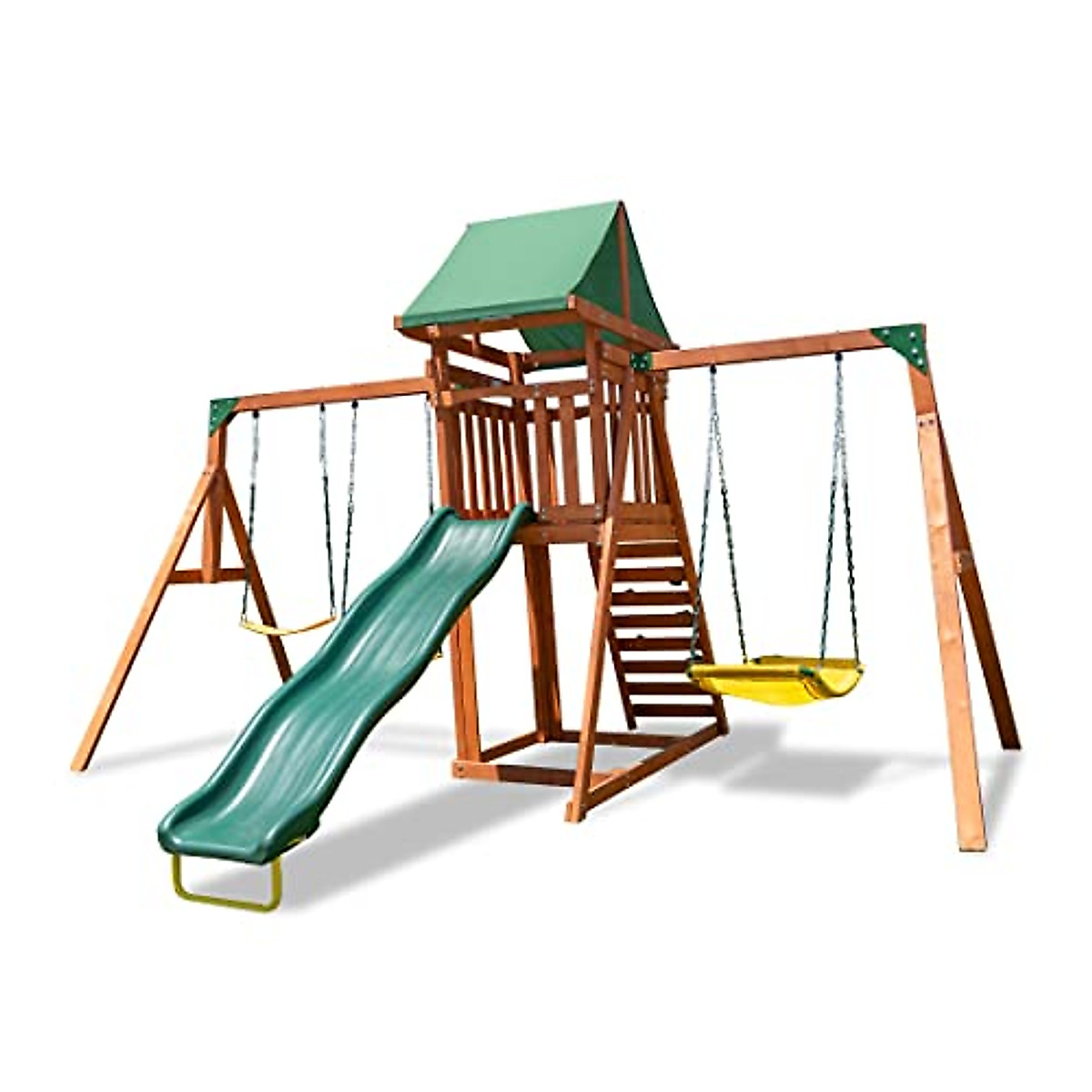 Sportspower Amazon Exclusive Sherwood Wood Swing Set with 3 Swings, Slide, and Covered Deck, Natural/Green