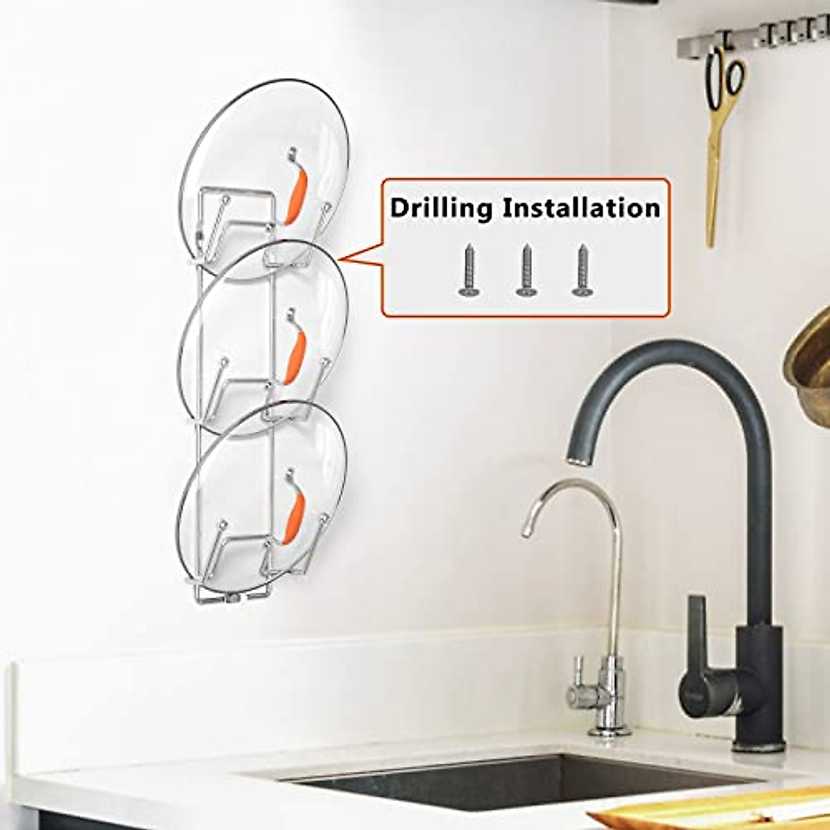 VZINO 2 Pack Pot Lid Organizer Rack for Cabinet Door/Wall, No Drilling Adhesive Wall/Door Mounted Pot and Pan Lid Holder, Plating Metal, Silver