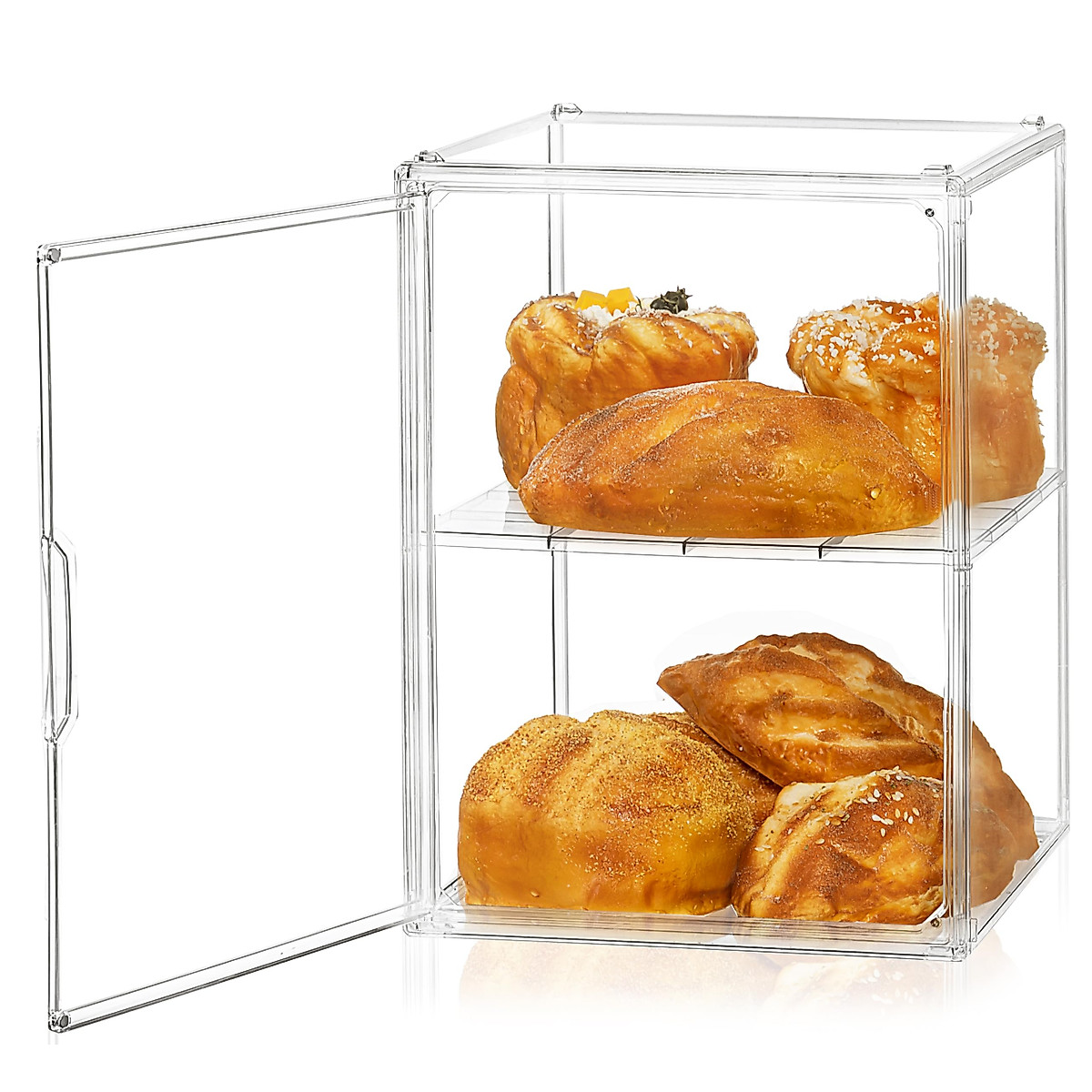 HBlife 2 Pcs Clear Large Bread Box Holder for Kitchen Countertop Double Layer Stackable Bakery Storage Container Acrylic Counter Pastry Keeper for Bread, Bagel, Muffins, Rolls