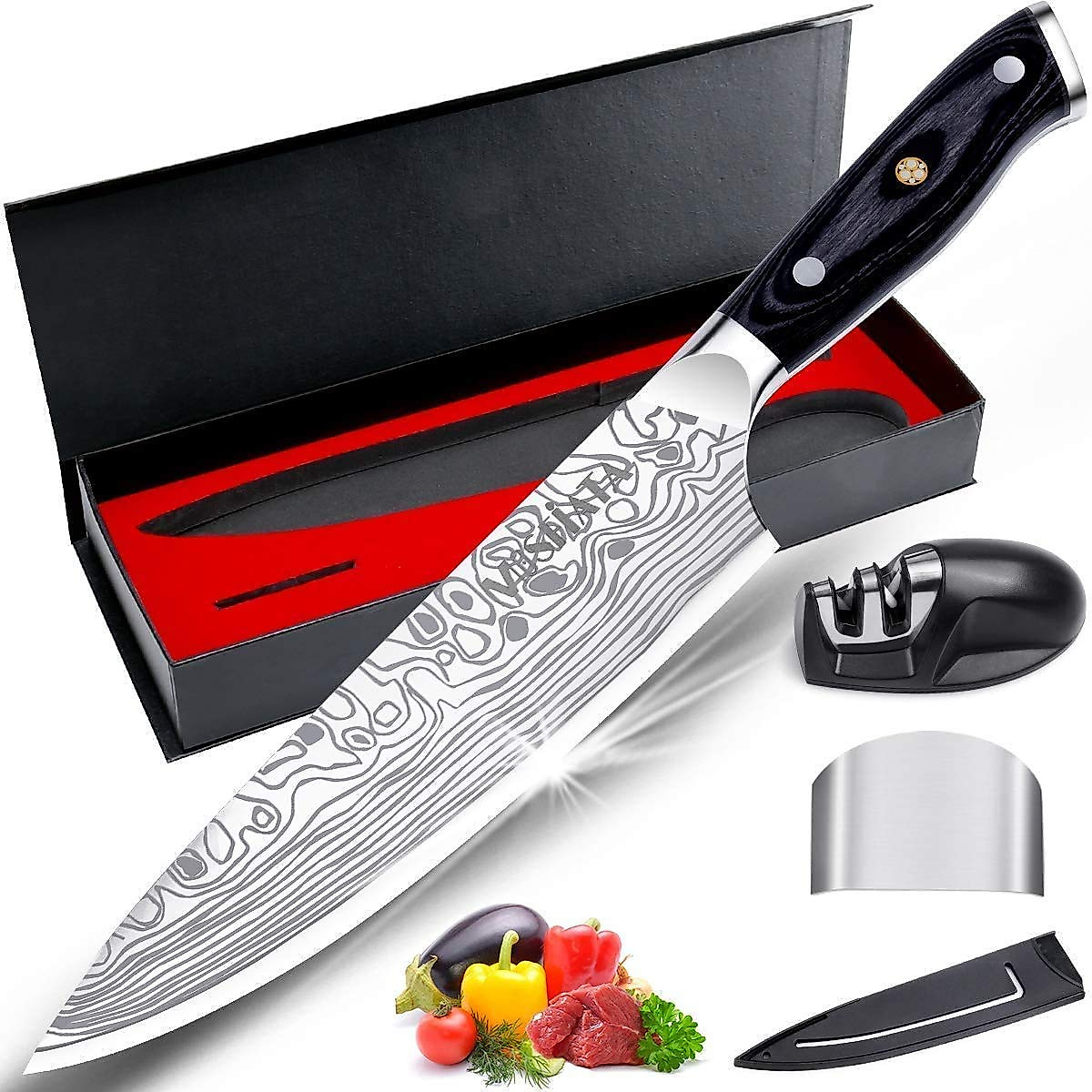 MOSFiATA 8 inch Chef's Knife & 8 inch Tatanium Plated Chef's Knife & 7 inch Santoku Knife