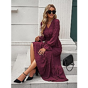 MASCOMODA Women Boho Maxi Dress 2023 Long Sleeve V Neck Swiss Dot Smocked High Waisted Button A-Line Ruffle Tiered Fall Long Dress(Medium, Wine Red)