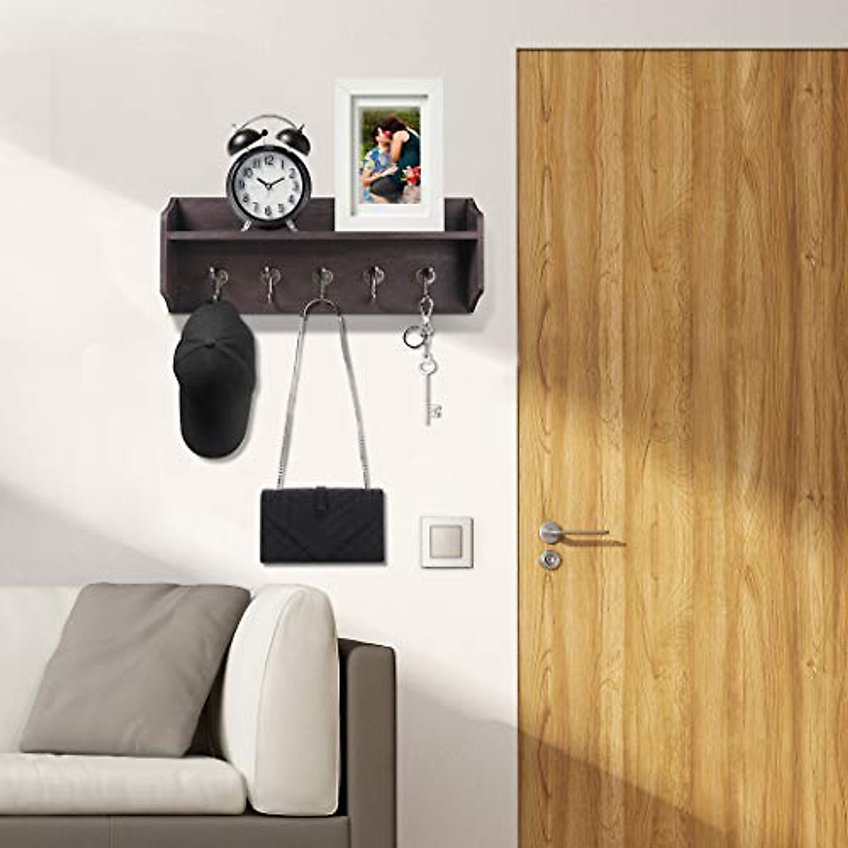 LAVIEVERT Coat Hooks with Storage Shelf Wall-Mounted, Rustic Wood Hanging Coat Rack with 5 Vintage Metal Hooks for Entryway, Living Room, Kitchen, Bathroom