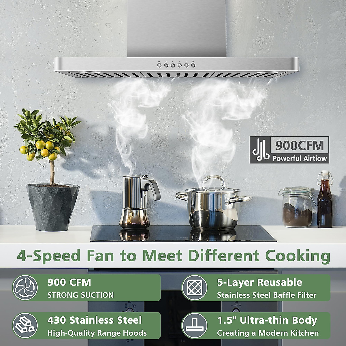 ONEEON 30" Range Hood - 900 CFM Stainless Steel Wall Mount Kitchen Exhaust with 4 Speed Fan, LED Lights, Push Button, Ultra-thin Body, Chimney Style Stove Vent Hood & Ducted Exhaust Vent