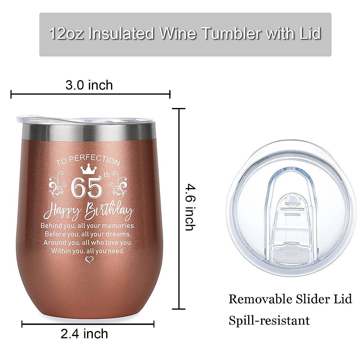 65th Birthday Gifts for Women, Happy 65th Birthday Decorations for Her, Funny 65 Year Old Birthday Gift Ideas for Woman, Mom, Sister, Grandma, Friends - 12oz Stainless Steel Insulated Wine Tumbler