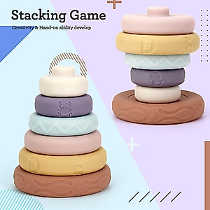 Mini Tudou Baby Blocks & Stacking Circles Toy Set, Baby Sensory Building & Teething Toys Educational Squeeze Play with Animals Shapes Textures Numbers, Best for Toddlers Babies 6m+