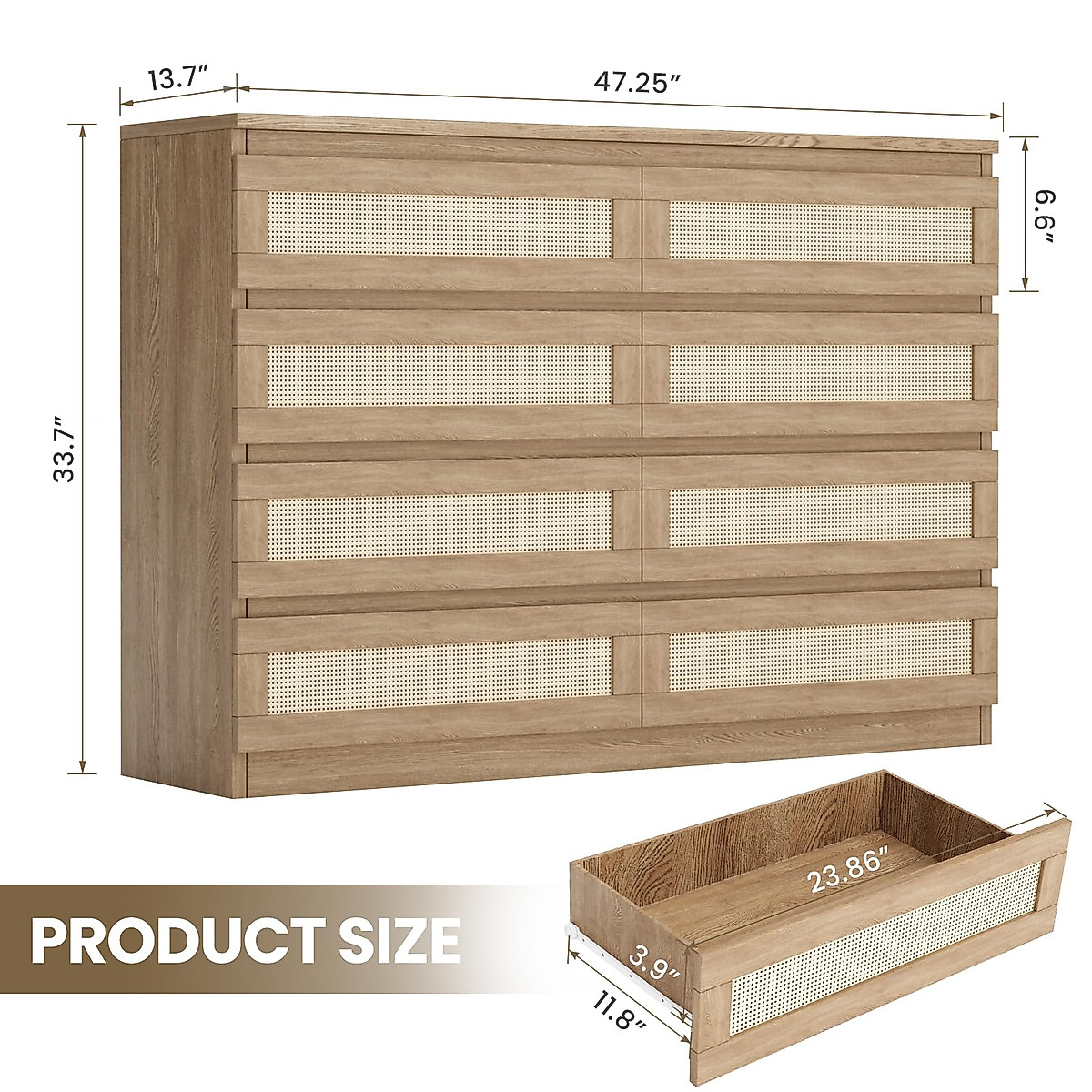 GarveeHome Rattan Dresser for Bedroom, Modern 8 Drawer Wooden Dresser Chest, Wide Wood Beside Table for Closet, Nursery, Living Room and Entryway, Natural