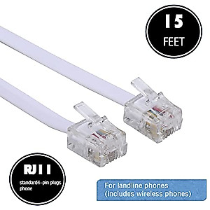 LanSenSu 15-Feet Telephone landline Extension Cord Cable Cord with Standard RJ-11 6P4C Plug (White 15-ft, 2Pack)