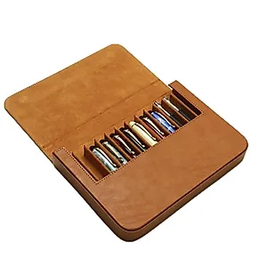 12Slots Leather Fountain Pen Case Collector Organizer - Handmade Pen Case Vintage Crazy Horse Print Leather Pen Protective Sleeve Cover Pen Storage Gift Box (Yellow)