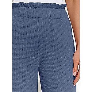EVALESS Wide Leg Pants for Women Casual Loose Elastic High Waisted Waffle Knit Work Lounge Palazzo Dress Pants Trousers with Pockets Blue X-Large