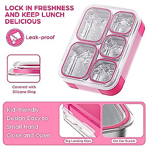 TIME4DEALS Stainless Steel Bento Lunch Box Kids Adult - Leak Proof School Lunch Container with 5-Compartment and Fork Lunch Bag Set for Toddler Child Bento Box for Work Picnic Outdoor, BPA-Free (Pink)