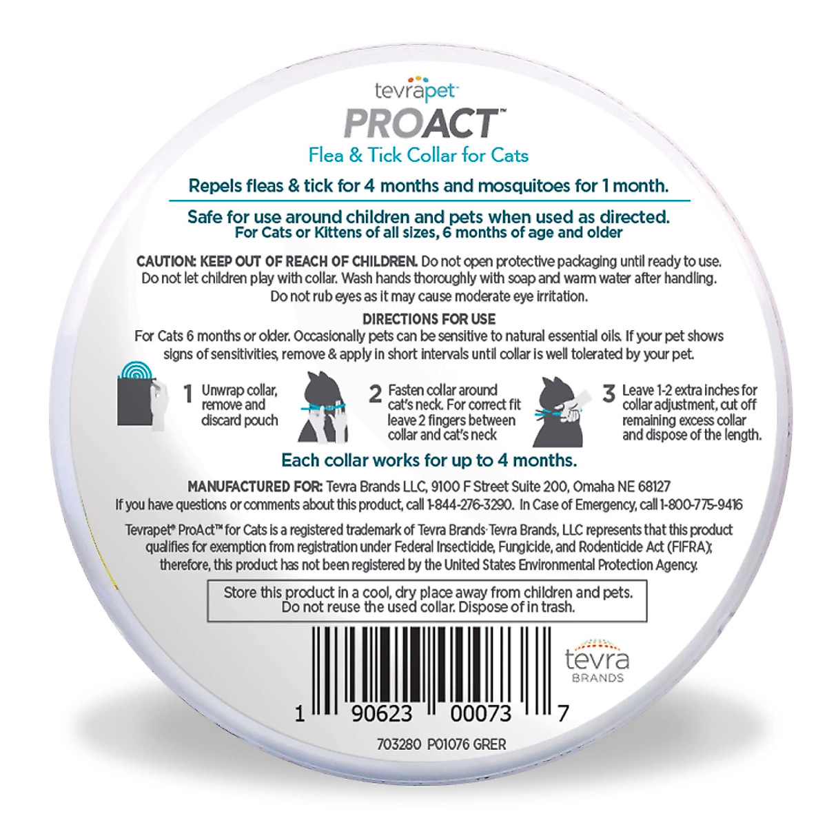 TevraPet Proact Flea and Tick Collar for Cats, 8 Months of Flea and Tick Protection, Repels Mosquitos - 2ct
