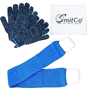 Exfoliating Gloves and Back Srubber for Shower for Men and Women | Body Exfoliation Scrub Towel & Spa-Quality Bath Shower Gloves | Exfoliating Mitts (2 Sets) and Single Back Loofah to Remove Dead Skin